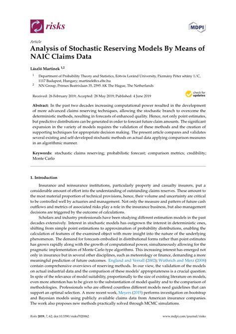 Pdf Analysis Of Stochastic Reserving Models By Means Of Naic Claims Data
