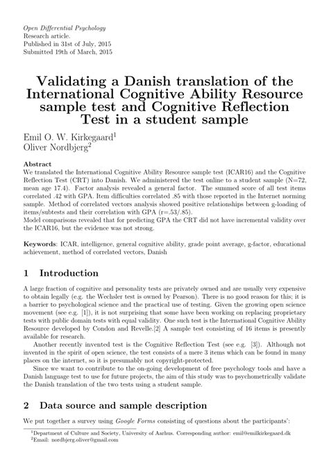 Pdf Validating A Danish Translation Of The International Cognitive Ability Resource Sample