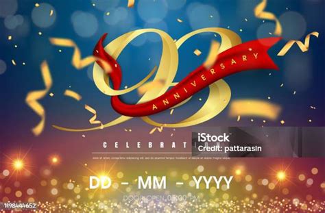 금과 파란색 배경에 93 주년 기념 로고 템플릿 빨간 리본 벡터와 색종이 고립 된 디자인 요소와 함께 황금 숫자를 축하 93 광고에 대한 스톡 벡터 아트 및 기타 이미지