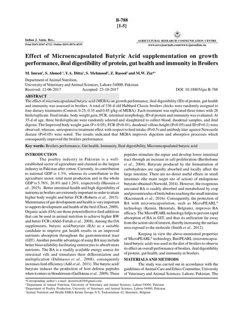 Pdf Effect Of Microencapsulated Butyric Acid Supplementation On Growth Performance Ileal