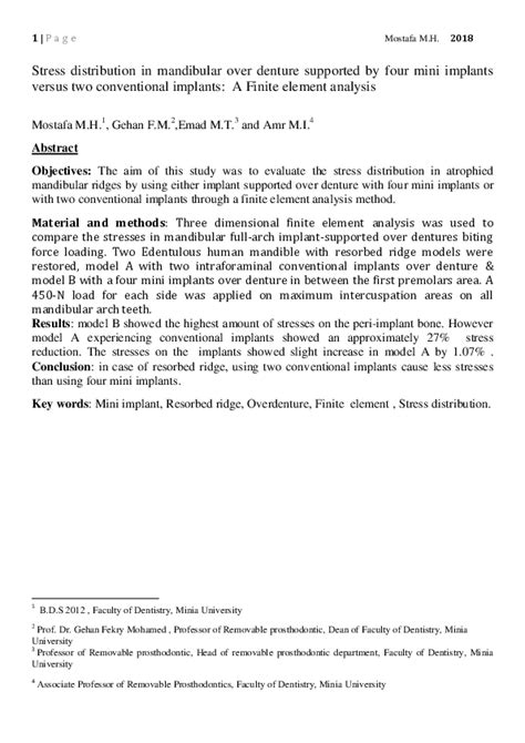 Pdf Stress Distribution In Mandibular Over Denture Supported By Four Mini Implants Versus Two