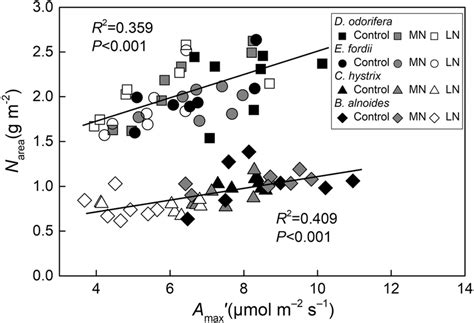 regression analysis of the leaf nitrogen n concentration per area n