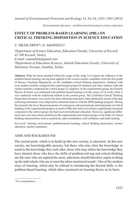 PDF Effect Of Problem Based Learning PBL On Critical Thinking Disposition In Science Education
