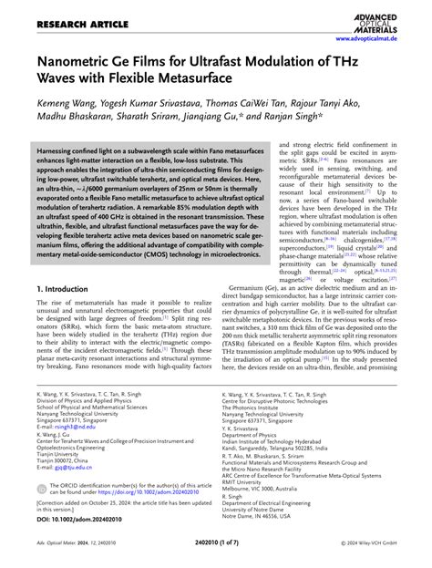 Nanometric Ge Films For Ultrafast Modulation Of Thz Waves With Flexible