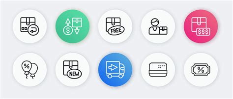 라인 배달화물 트럭 달러가 포함 된 품목 가격표 할인 비율 신용 카드 구매자 골판지 상자 무료 기호 및 새 컬렉션 아이콘을 설정합니다 벡터 가격에 대한 스톡 벡터 아트 및