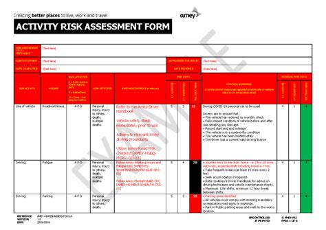 Activity Risk Assessment Form Example Reference Version Amey Hs Riskassess Fo 01a 1