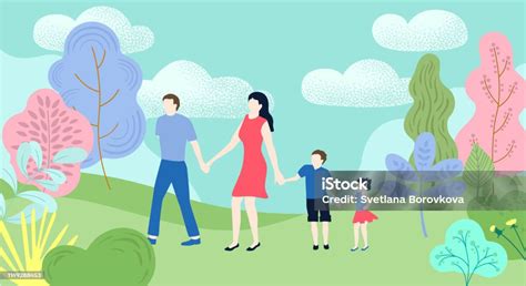 안녕하세요 여름 도시 공원이 나 숲에서 걷는 아이 들과 함께 가족 가족에 대한 스톡 벡터 아트 및 기타 이미지 가족 걷기