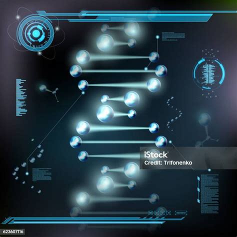 현미경의 밑에 나선형 Dna 분자 및 원자 Hud 인터페이스 헤드업 디스플레이 그래픽 사용자 인터페이스에 대한 스톡 벡터 아트 및 기타 이미지 헤드업 디스플레이 그래픽