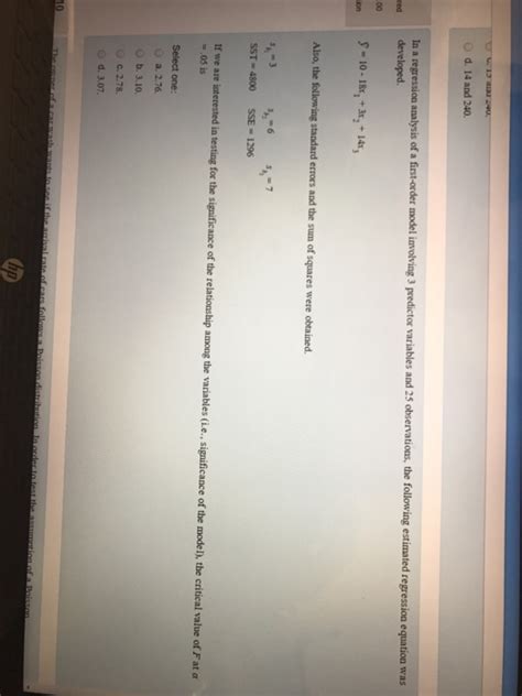 Solved In A Regression Analysis Of A First Order Model