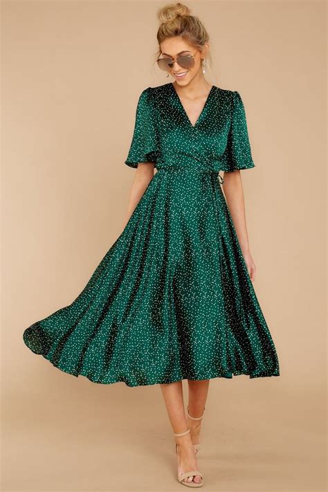 Gorgeous Green Polka Dot Dress Shiny Print Midi Dress Dress 56 Red Dress Green Dress