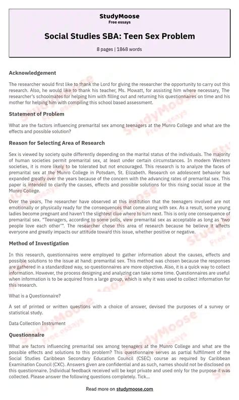Social Studies Sba Teen Sex Problem Free Essay Example