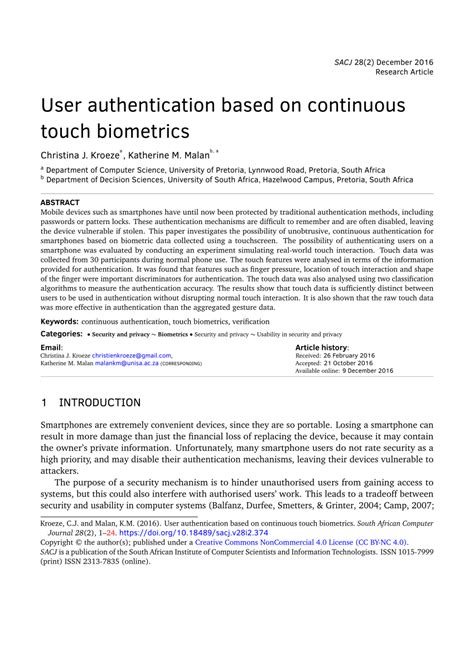 Pdf User Authentication Based On Continuous Touch Biometrics