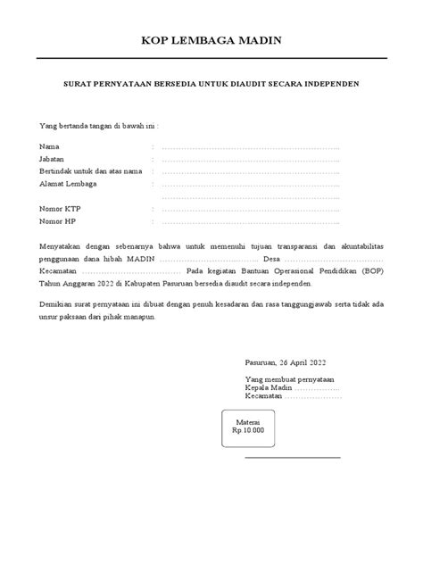 contoh surat audit and sanggup spj bop md 2022 pdf