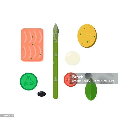 연어 스테이크 아스파라거스 토마토 오이 올리브 모짜렐라 감자 양상추 잎 등 다양한 요리를 위한 음식 세트 0명에 대한 스톡 벡터 아트 및 기타 이미지 Istock