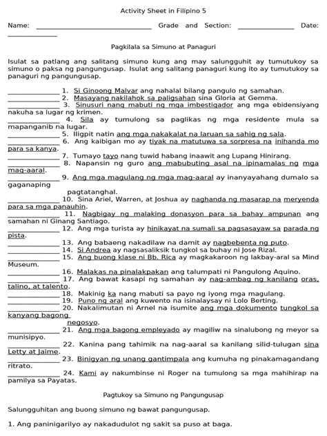 Filipino 5 Simuno At Panaguri Pdf