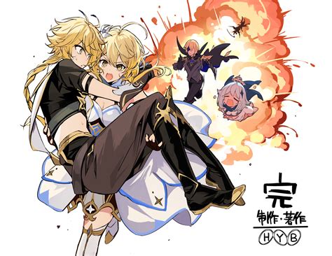Lumine Aether Paimon And Dainsleif Genshin Impact Drawn By Hirai Yuzuki Danbooru