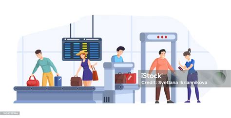 공항에서 스캐너 검문소 게이트를 통과하는 승객 컨베이어 벨트에 짐을 넣는 사람들 신체 스캐너를 사용하여 위험한 물체를 탐지하는 제복을 입은 여성 감지기에 대한 스톡 벡터