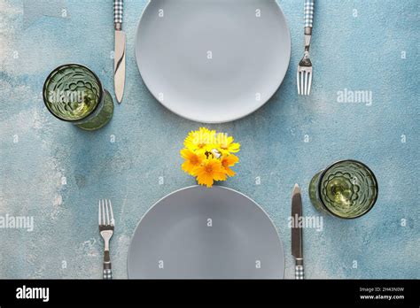 Simple Table Setting On Color Background Stock Photo Alamy