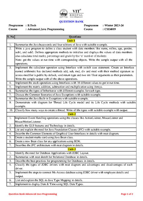Adv Java Programming Qs Bank Unit 123 Question Bank Advanced