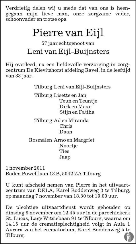 Pierre Van Eijl 01 11 2011 Overlijdensbericht En Condoleances