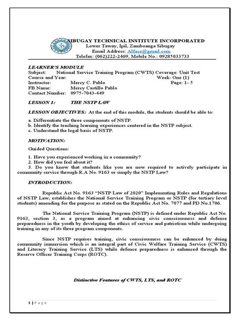 Nstp Cwts 1 Modules For First Semester Pdf Leadership Thought