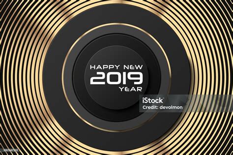 행복 한 새 해 2019입니다 추상 휴일 덮개 배너 템플릿입니다 둥근 형태와 검은 배경 3d 일러스트 벡터 축 하 부호입니다 축제 크리스마스 포스터 디자인입니다 행복 한 새