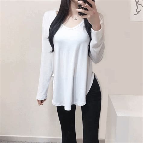 11할인당일발송 찰랑 브이넥 옆트임 레이어드 티셔츠 긴팔 무지티 에이블리