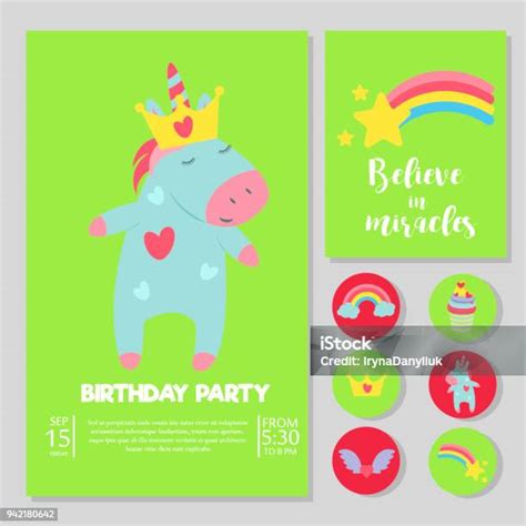 귀여운 유니콘 아기 생일 파티 카드 벡터 일러스트 마법의 무지개 환상 요정 아름 다운 동화 아트 디자인 귀여운에 대한 스톡 벡터 아트 및 기타 이미지 Istock