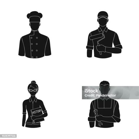 쿡 화가 교사 자물쇠 정비공 직업 블랙 스타일 벡터 기호 재고 일러스트 레이 션 웹에서 컬렉션 아이콘을 설정합니다 교사 교육 관련 직업에 대한 스톡 벡터 아트 및 기타