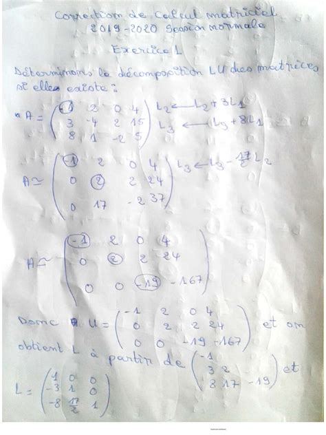 Corrigé Calcul Matriciel Ifri L1 2019 2020 Pdf