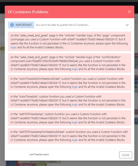 custom functions not persisted in the ui container and random errors