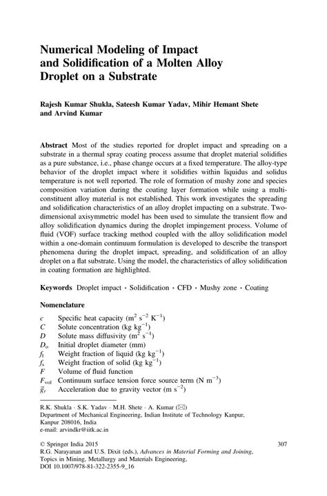 Pdf Numerical Modeling Of Impact And Solidification Of A Molten Alloy Droplet On A Substrate