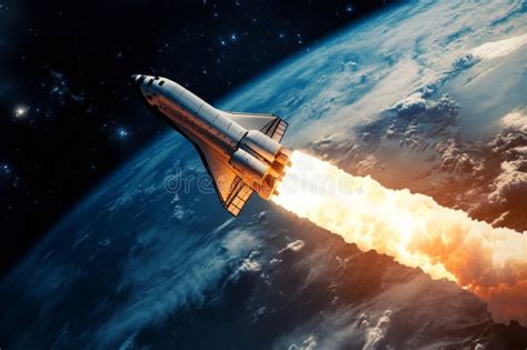 Space Shuttle Launch Rocket Ascending Into Orbit Around Earth In Outer