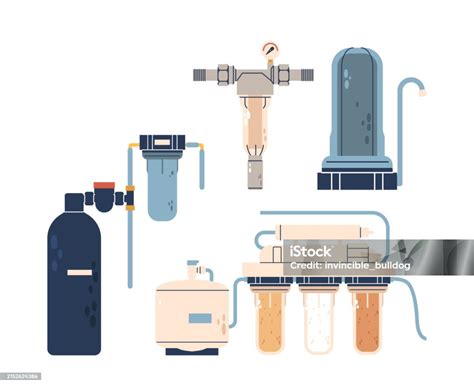 다양한 유형의 고급 물 여과 및 정화 시스템을 특징으로 하는 벡터 그림 구성 요소를 묘사 컴퓨터 글자에 대한 스톡 벡터 아트 및