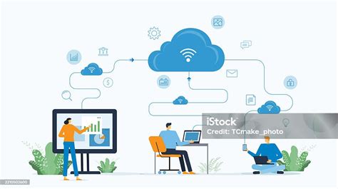 비즈니스 기술 클라우드 컴퓨팅 서비스 개발자 팀 작업과의 연결 개념 비즈니스 스마트 워킹 온라인 어디서나 연결 개념 평면 벡터 그림입니다 개념에 대한 스톡 벡터 아트 및