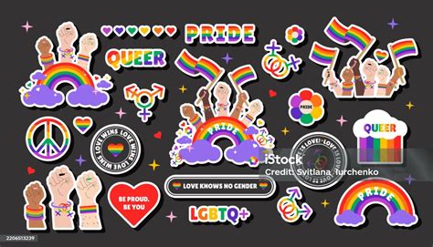 Lgbtq 무지개 요소 퀴어 슬로건 문구 및 인용문이 포함된 Lgbt 스티커 세트 프라이드의 달 축하 행사를 위해 벡터 일러스트 레이 션 6월에 대한 스톡 벡터 아트 및