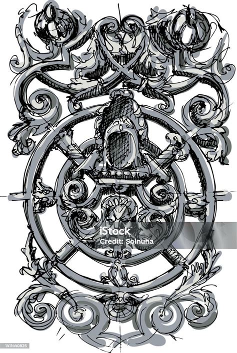 기사의 카터치와 포효하는 사자가있는 바로크 양식의 장식품 0명에 대한 스톡 벡터 아트 및 기타 이미지 0명 강철 건축 Istock