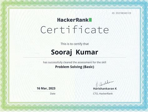 Sooraj Kumar On Linkedin Hackerrank Problemsolving Basics Certificate