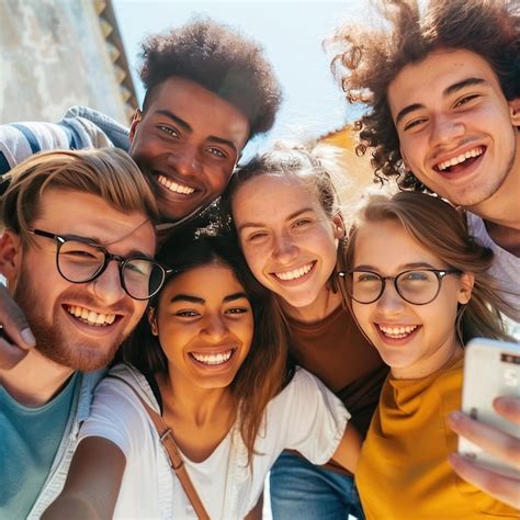 Young College Friends Group Taking Selfie Together Premium Ai
