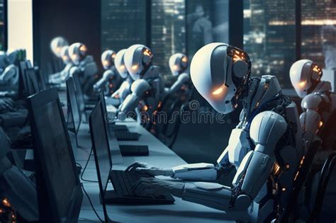 Ai Robots Using Multiple Computers Working Monitoring Data In Office