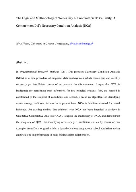 Pdf The Logic And Methodology Of Necessary But Not Sufficient Causality A Comment On Duls