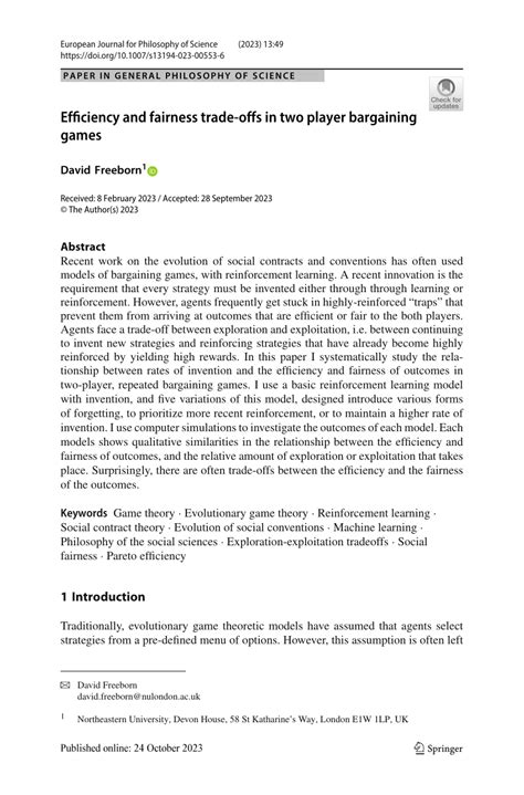 Pdf Efficiency And Fairness Trade Offs In Two Player Bargaining Games