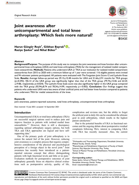 Pdf Joint Awareness After Unicompartmental And Total Knee Arthroplasty Which Feels More Natural