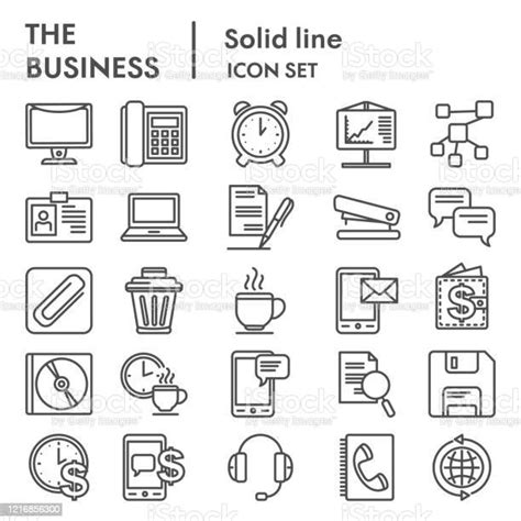 비즈니스 라인 아이콘 설정입니다 마케팅 표지판 컬렉션 스케치 로고 일러스트레이션 사무실 기호 흰색 배경에 격리 된 윤곽 스타일 픽토그램 패키지 벡터 그래픽 Brand