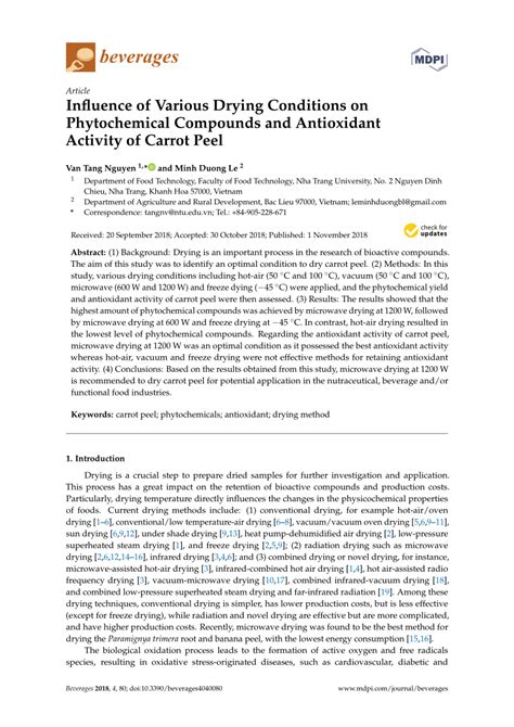 Pdf Influence Of Various Drying Conditions On Phytochemical Compounds And Antioxidant Activity