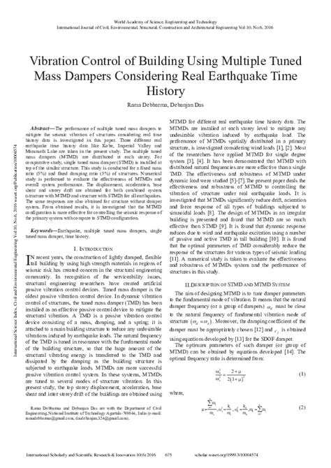 Pdf Vibration Control Of Building Using Multiple Tuned Mass Dampers Considering Real