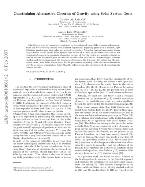 Pdf Constraining Alternative Theories Of Gravity Using Solar System Tests