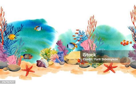 밝은 완벽 한 수채화 테두리 열대어 돌 해초가 있는 산호초 수중 풍경입니다 기념품 엽서 포스터 디자인 및 인쇄의 장식 패턴 0