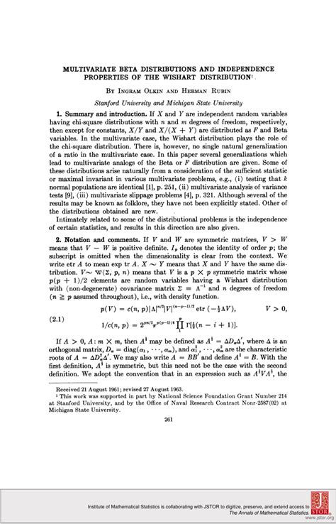 Pdf Multivariate Beta Distributions And Independence Properties Of The Wishart Distribution