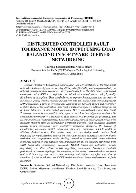 Pdf Distributed Controller Fault Tolerance Model Dcft Using Load Balancing In Software